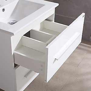 wonline 24" White Wall Mounted Bathroom Vanity Set Two Drawers Storage Cabinet with Ceramic Vessel Sink and Mirror Combo Chrome Faucet