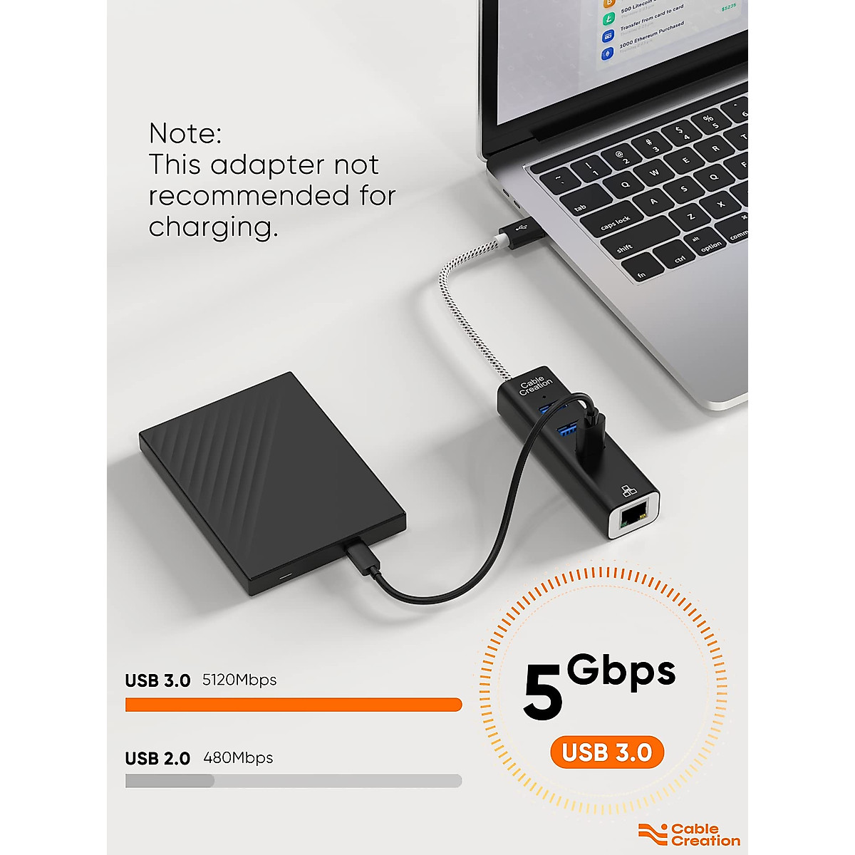 USB to Ethernet Adapter, CableCreation 3-Port USB 3.0 Hub, USB 3.0 Ethernet Adapter RJ45 10/100/1000 Mbps Gigabit Compatible with Windows PC, Laptop, MacBook Pro, USB Flash Drives etc, Aluminum Black