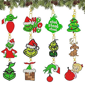 12 Pcs Christmas Diamond Art Painting Keychains Kit Double Sided DIY Cute Christmas Diamond Art Painting Keychains for Beginners Adults Art Craft Supplies Christmas Holiday Gift