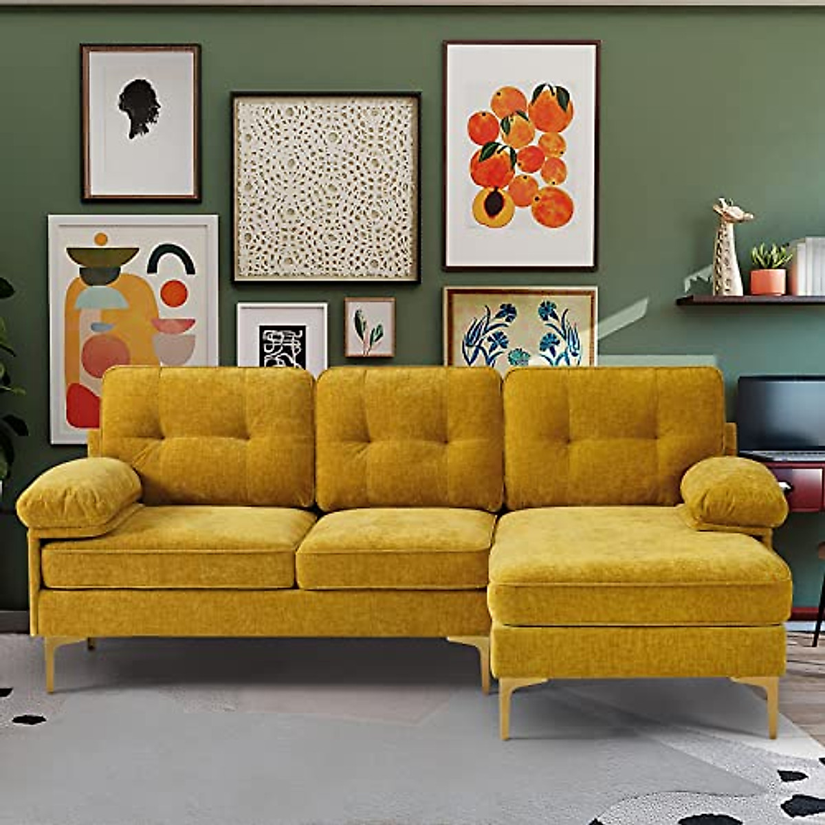 TEKAMON Yellow Sectional Sofa Couch for Living Room, Samll couches for Small Spaces, Chenille Fabric L- Shaped Sofa, Modern Loveseat Sofa with Chaise, Removable Covers，Convertible/Reversible Couch