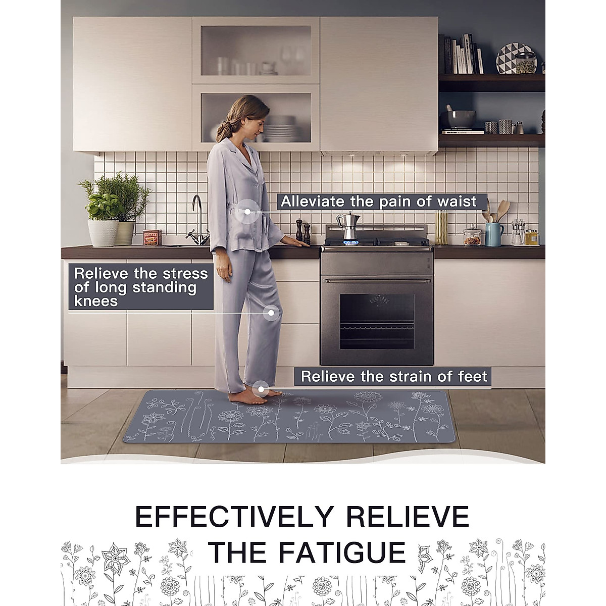 Kitchen Rugs and Mats Cushioned Anti Fatigue, WHTOR 2 PCS Non Skid Kitchen Runner Rugs, Waterproof Memory Foam Kitchen Floor Mat, Standing Desk Mat for House, Sink, Office, Kitchen (Gray)