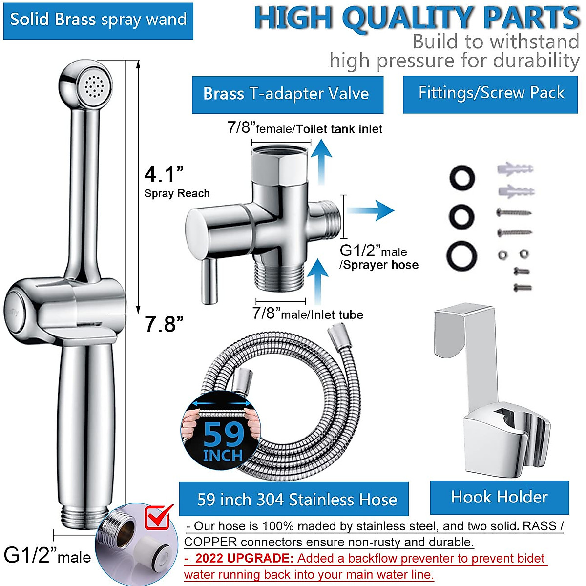 SonTiy Handheld Bidet Sprayer for Toilet, Brass Hand Held Bidet Attachment Jet Spray for Toilet with Backflow Preventer, Adjustable Water Pressure Control Cloth Diaper Sprayer, All Metal Bidet Shower