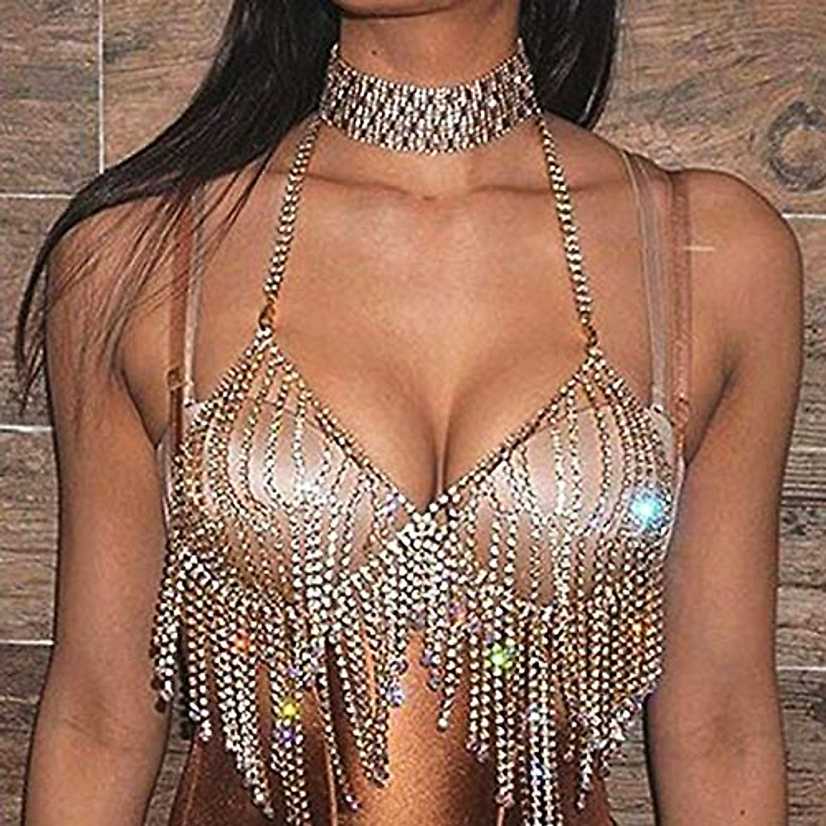 CanB Rhinestone Sexy Bra Chains Shiny Crystal Tassel Underwear Necklace Chains Summer Beach Bikini Nightclub Chain Body Accessories Jewelry for Women and Girls (Style-1)