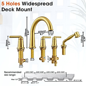 Wintap Roman Tub Faucet with Sprayer, 5 Hole Widespread Deck Mount Bathtub Faucet with Valve Classic High Arch Gooseneck Bath Tub Faucet Set with Diverter High Flow Tub Filler Brushed Gold WT-9809BG