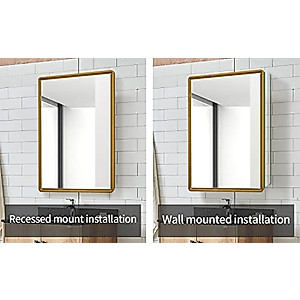 FOMAYKO Aluminum Bathroom Medicine Cabinet with Farmhouse Gold Framed 16x26 Inches Recess or Surface Mount Mirror Cabinet for Bathroom Toilet Kitchen