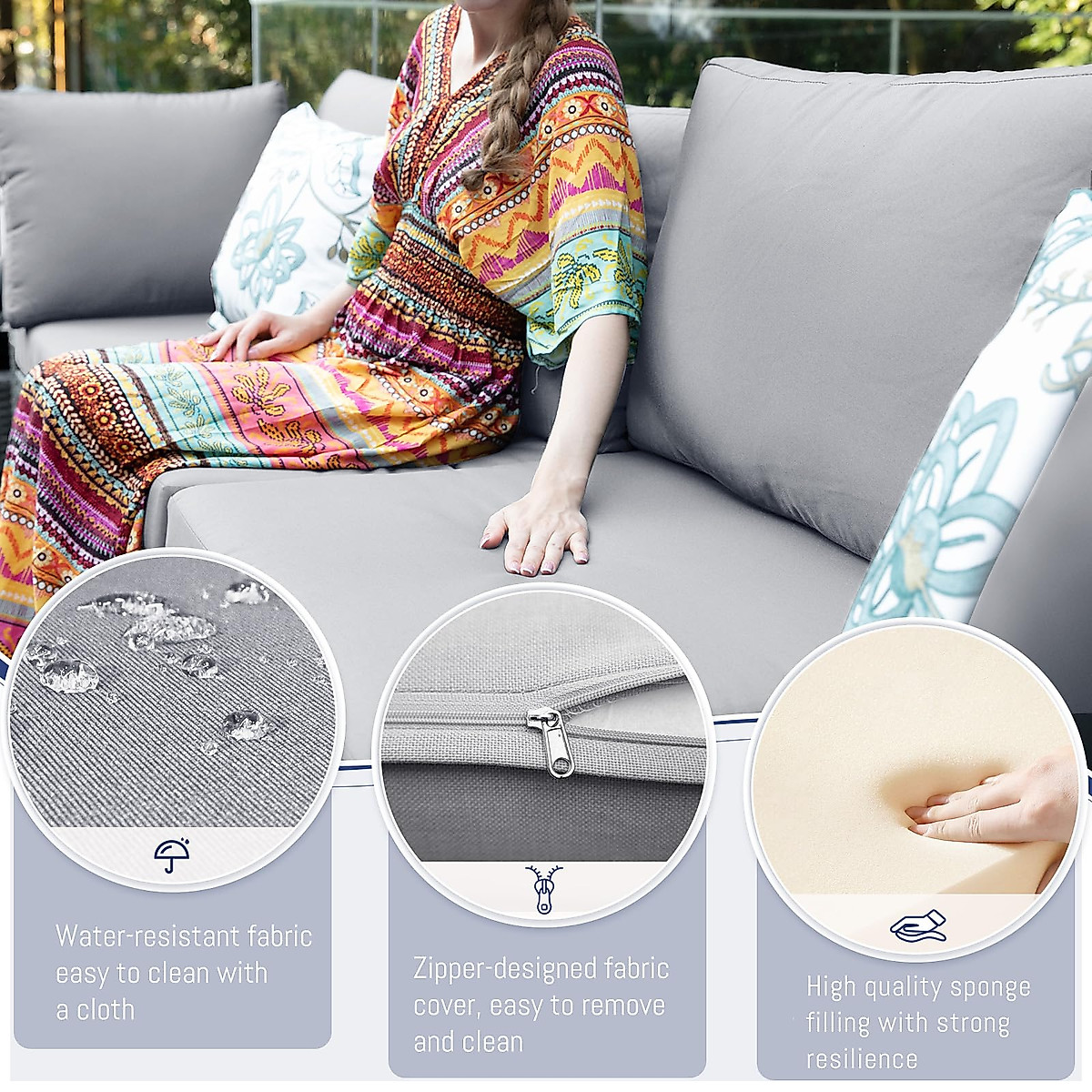 BULEXYARD Grey PE Wicker Patio Furniture Sectional Conversation Sofa Set with 43" Propane/Natural Gas Fire Pit Table, Large Size High Back Outdoor Furniture Set with Fireplace(6Pcs, Light Grey)