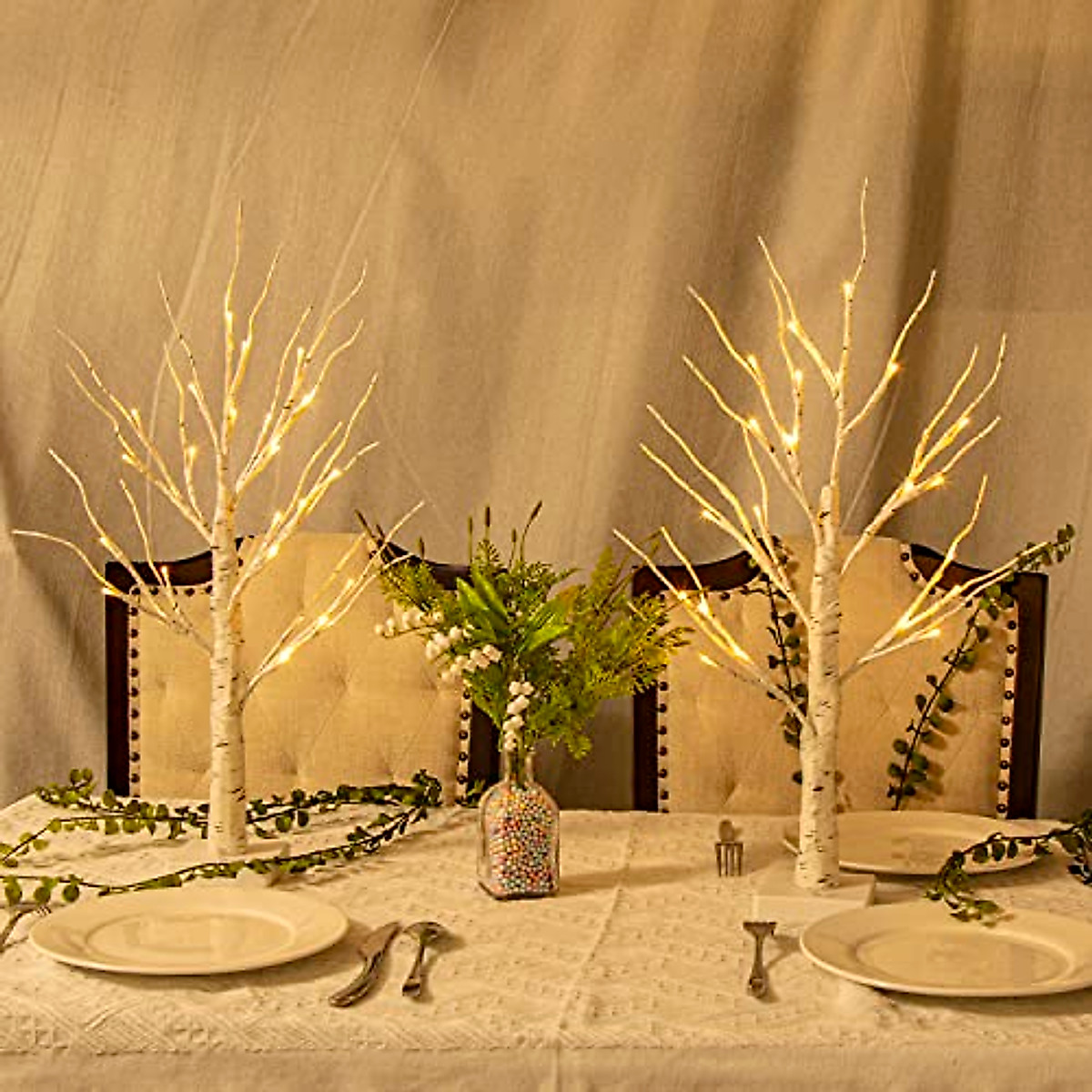 Vanthylit Tabletop Christmas Tree, White Birch Tree with LED Lights- Set of 2, Warm White Small Tree Lights Battery Powered Timer, Lighted Tree for Mantle Christmas Decorations (2FT, 24LED)