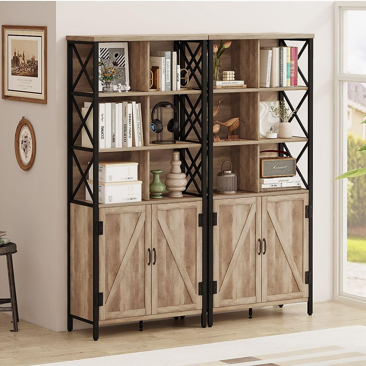 FATORRI Bookcase with Doors, Rustic Tall Bookshelf with Cabinet, Industrial Farmhouse Book Shelf and 6 Cube Organizer Book case for Living Room (Rustic Oak, 67 Inch)