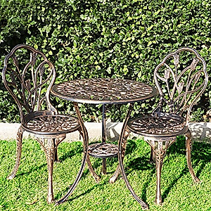 Patio Premier 217005 3pc Outdoor Tulip Garden Bistro Set, Cast Iron and Aluminum Frame, Bronze