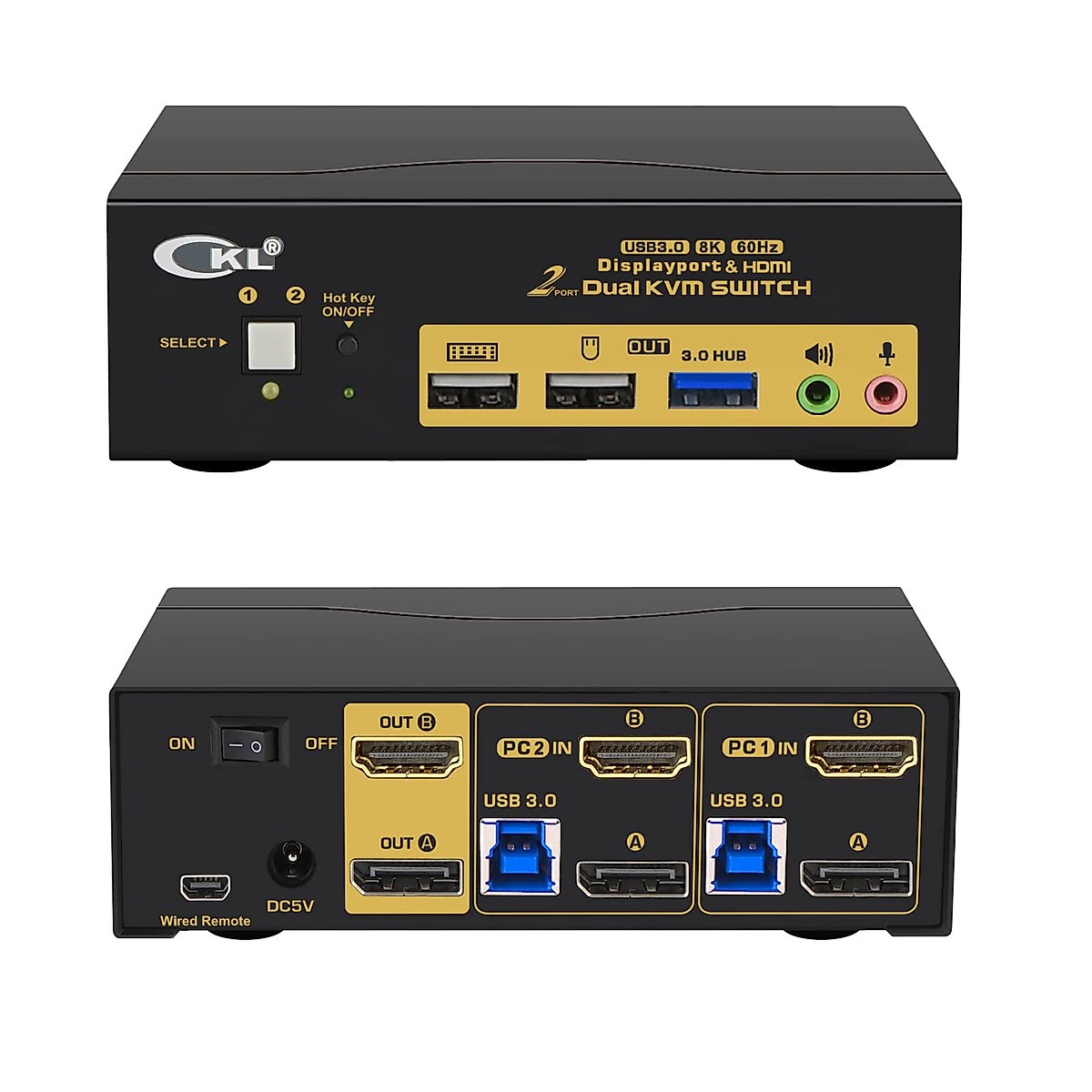 CKL 2 Port USB 3.0 KVM Switch Dual Monitor HDMI 2.0 4K@60Hz(HDMI Out) + DisplayPort 1.4 8K 30Hz 4K 120Hz 144Hz (DP Out), Keyboard Video Mouse Peripherals Switcher for 2 Computers 2 Monitors with Audio