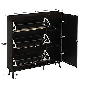 FOKWE Natural Rattan Shoe Cabinet, Shoe Cabinet with 3 Flip Drawers and Storage Shelves, Modern 3-Tier Shoe Rack Storage Cabinet for Entryway, Hallway, Bedroom(Black)