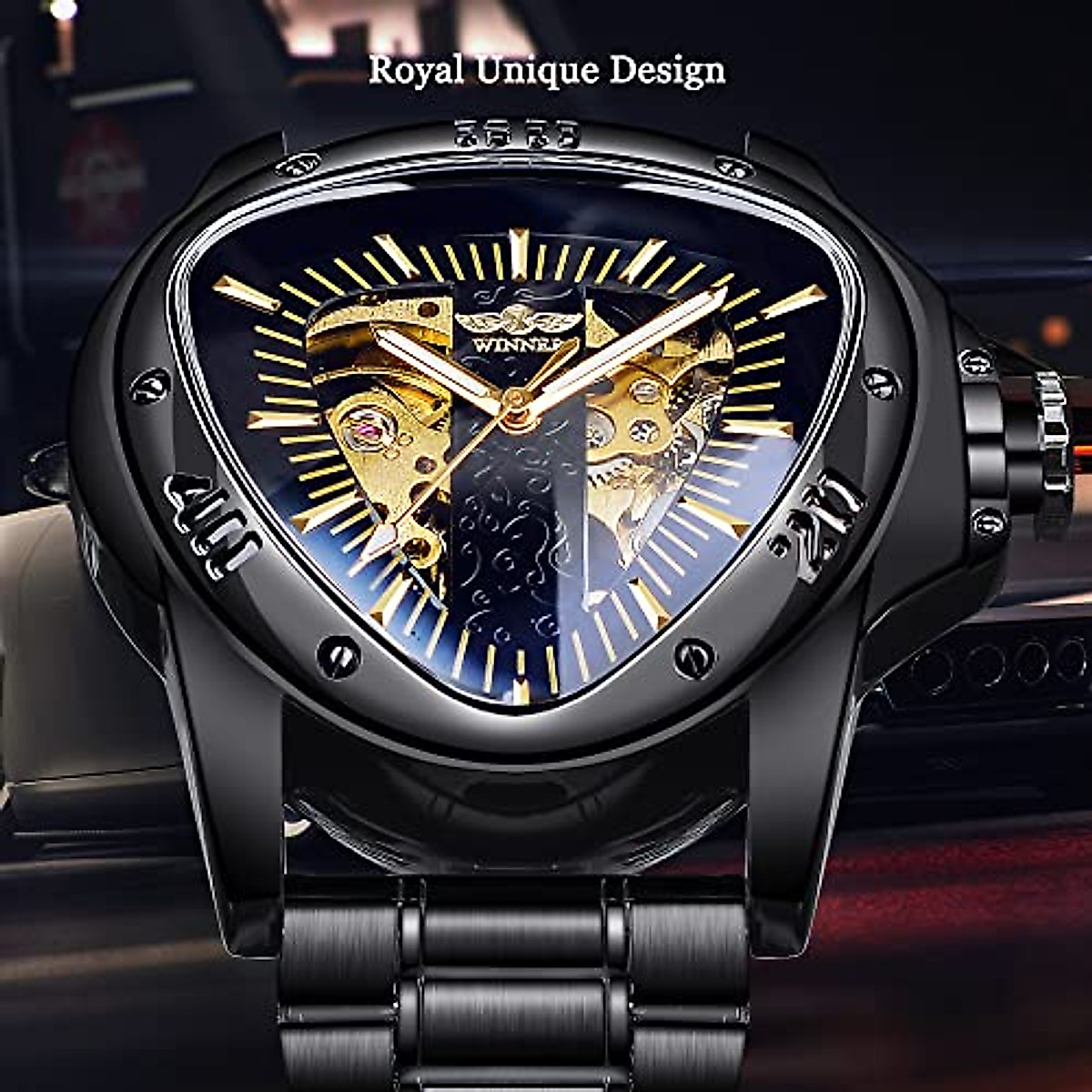 Winner Fashion Mechanical Wrist Watch Triangle Racing Dial, Waterproof Golden Skeleton Dial Automatic Movement Stainless Steel Design Mechanical Watch for Men