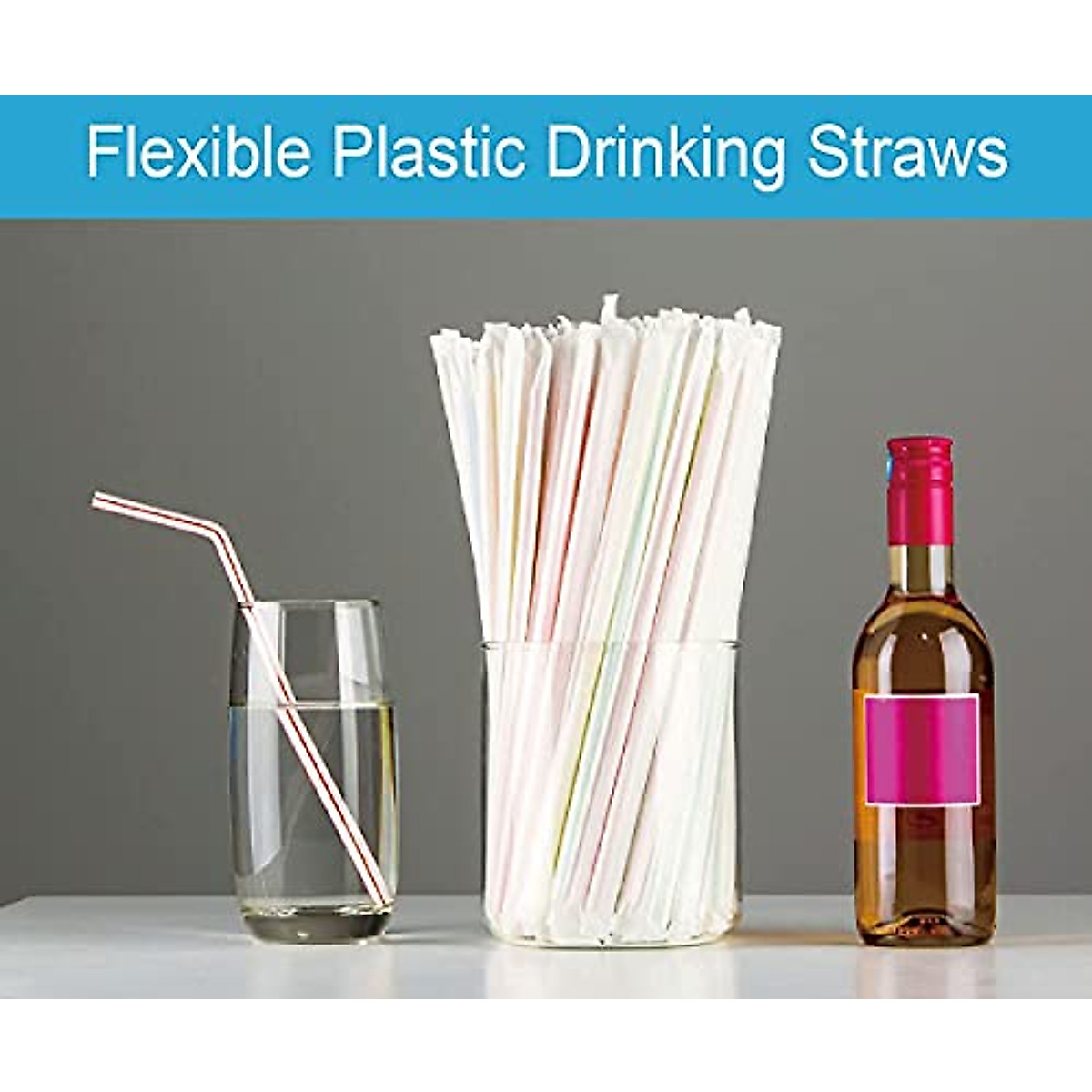 500 Pcs 8.27 Inch Colorful Flexible Plastic Drinking Straws,Individually Wrapped , Bendable,Disposable,Thick Straw for Party, for Use with Any Jumbo Cup or Water Bottle,BAP Free, Dia 0.24inch