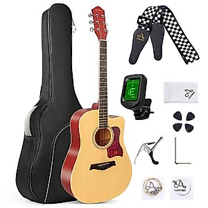 AODSK Acoustic Guitar Beginner 41 Inch Full Size Solid Spruce Top Guitarra Bundle Kit with Gig Bag Tuner Capo Picks String Strap,Right Hand Natural