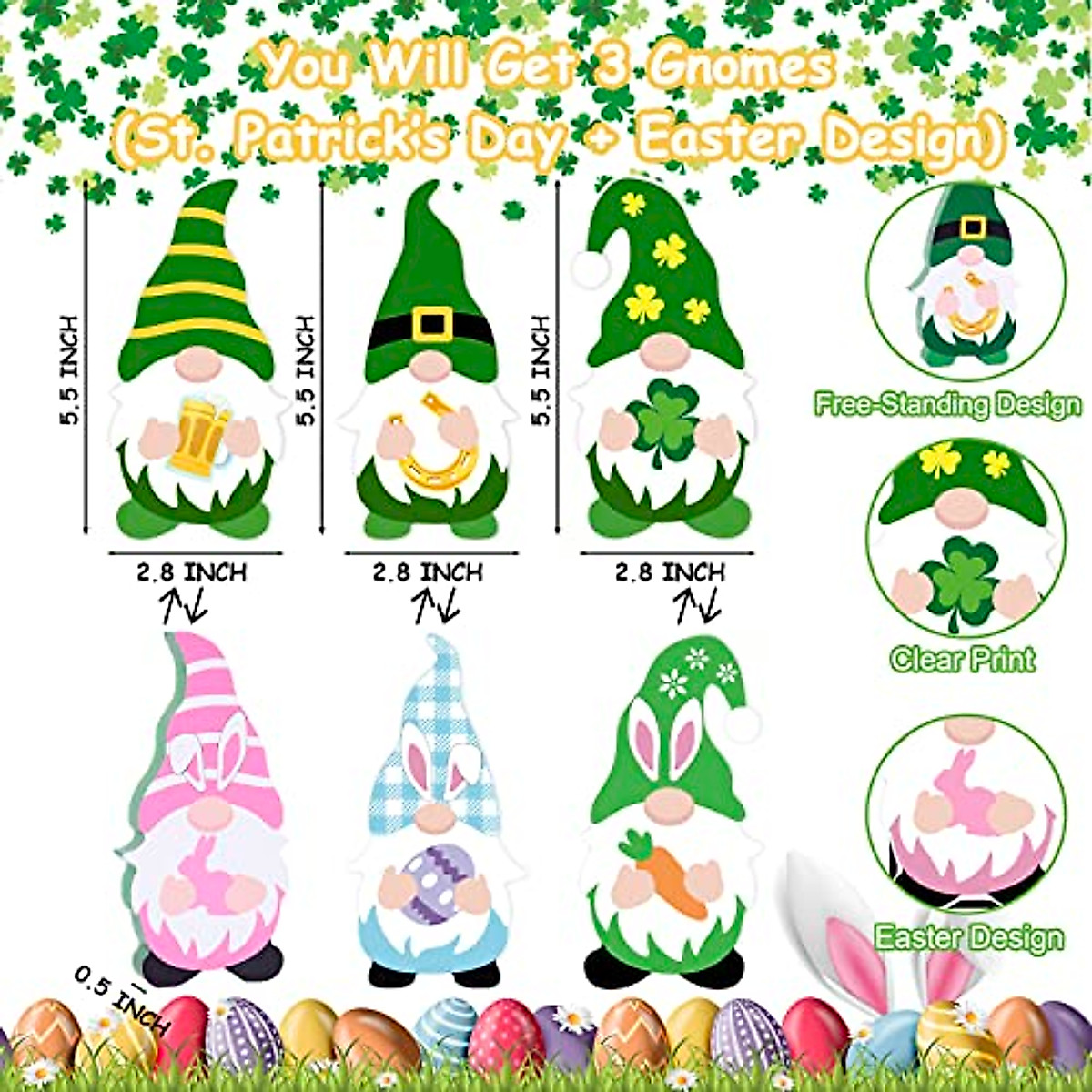 3 Pcs St Patrick's Day Table Wooden Gnome Sign, Reversible Easter Tiered Tray Decor, Self Standing Blocks Green Shamrock Horseshoe Rabbit Carrot Egg Sign for Home Party Decoration