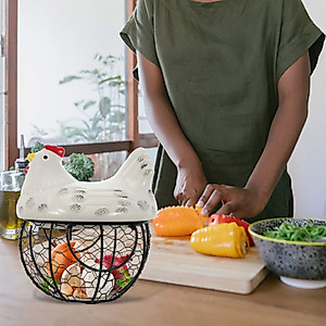 Kichvoe 1pc Egg Basket Chicken Egg Holder Basket Egg Holder Countertop Egg Storage Wire Food Snack Basket Round Chicken Egg Wicker Storage Basket Iron Basket Cover Ceramic Desk White Fruit