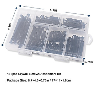 JEGONFRI High Hardness Drywall Screws Assortment Kit, 166 pcs, Coarse Thread, Phillips Drive, Black Wood Screws, Screws Assortment, Screws Set, 6 Sizes (3”,2”,1-1/2”,1-1/4”,1”,3/4”)