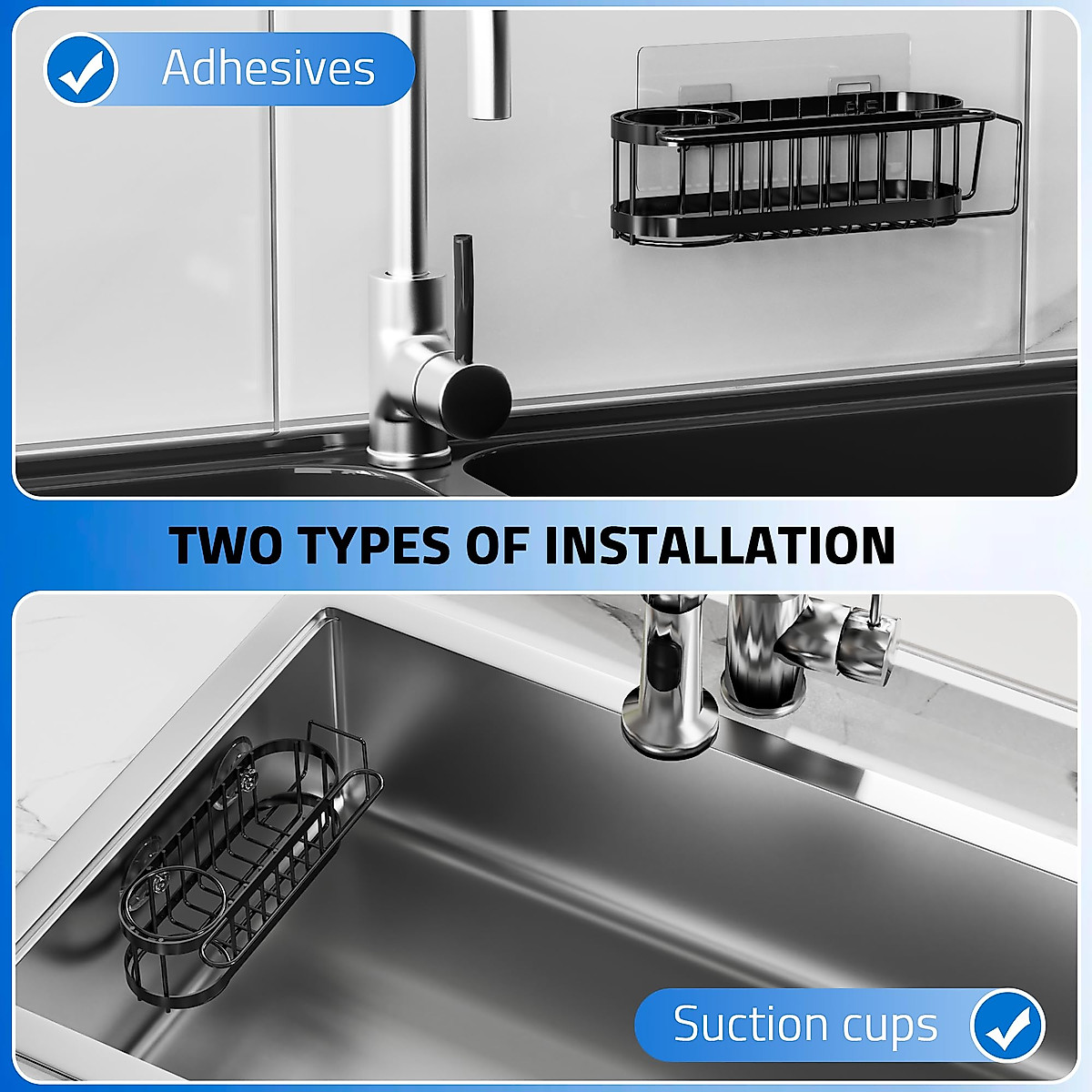 Cisily Kitchen Sink Caddy Sponge Holder in The Sink, Stainless Steel Kitchen Sink Organizer, Brush Holder, Dish Cloth Hanger, Sink Stopper Holder with 2 Installation Ways (Suction & Adhesives