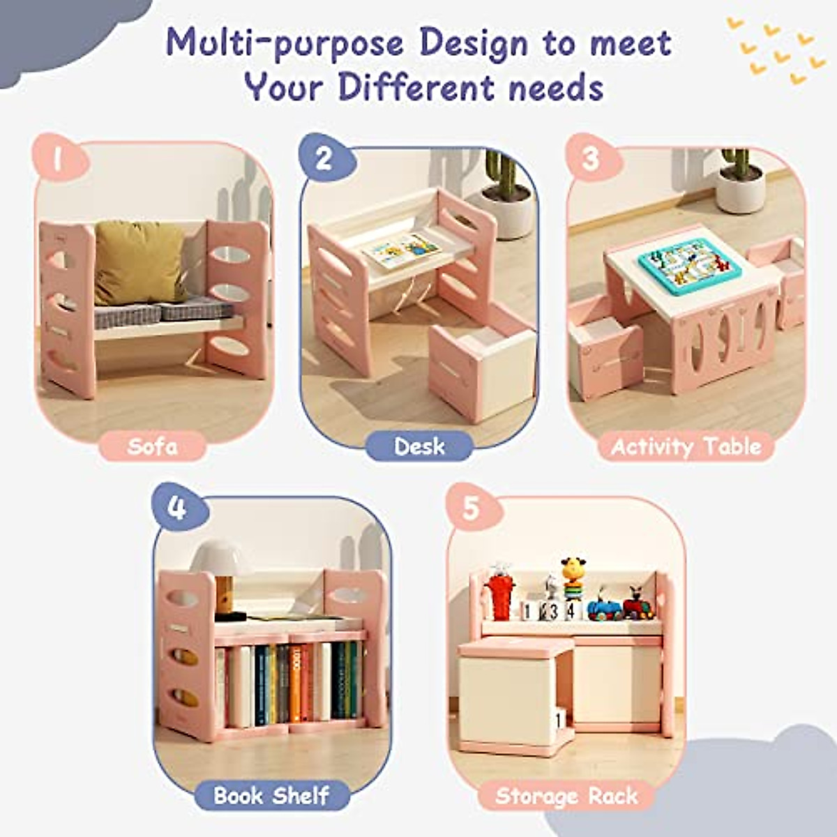 BanaSuper Kid's Table and 2 Chairs Set Plastic Activity Table for Toddlers Children Desk Ideal for Arts & Crafts Snack Time Homeschooling Homework Gift for Boy & Girl(Pink with 2 Chairs Set)