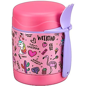 Pawtong 10oz Soup Thermo for Hot Food Kids Insulated Food Jar,Thermo Hot Food Lunch Container, Width Mouth Stainless Steel Lunch Box for Kids with Spoon (Pink-flamingo)