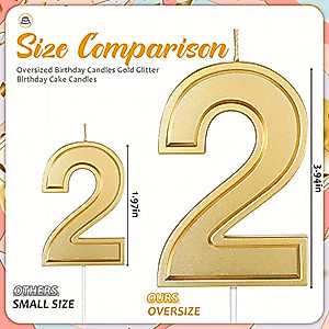 3.94 Inches Oversized 1 Candle Birthday Candles Numbers with 6 Gold Long Thin Metallic Birthday Candles Gold Birthday Candles One Candle Cake Number Candles, Party Celebration (Number 2)