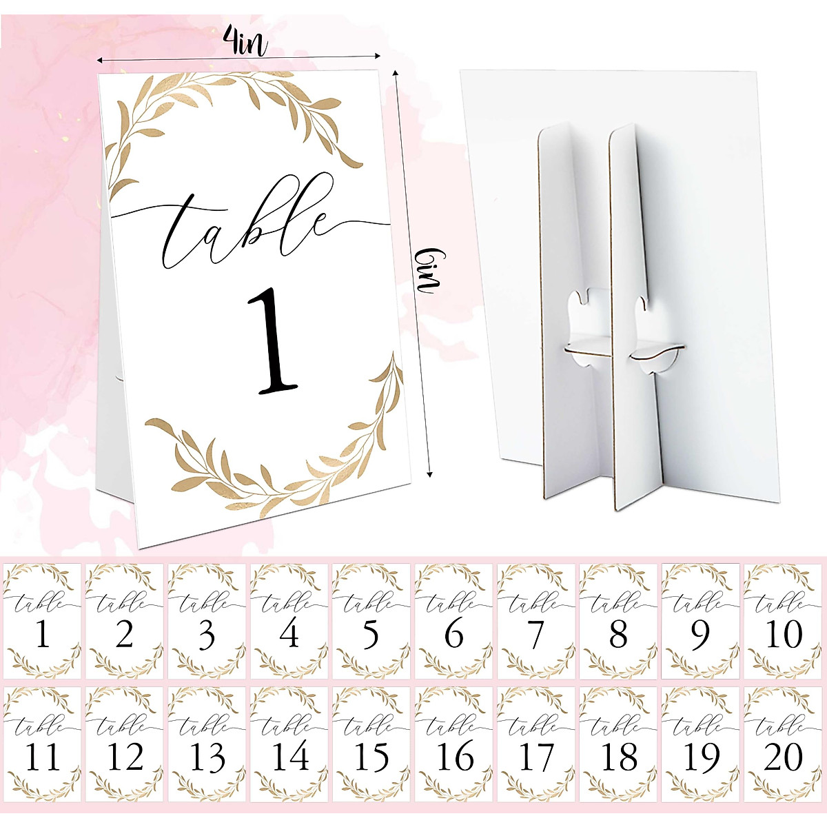 Wedding Table Numbers 1-20, Gold Leaf Wedding Decor, 4x6 Standing Sign Self-Standing Table Numbers for Bridal Showers, Baby Showers, Special Event, Reception & Decorations