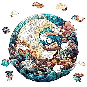 2PCS Wooden Jigsaw Puzzles, Sun and Moon Jigsaw Puzzles for Adults, Unique Shape Wood Cut Puzzles, Best Gift for Adults and Kids,11.8x11.8in