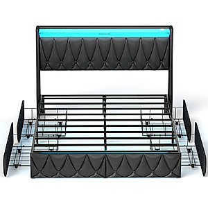 RVONOW Queen Size Bed Frame with 4 Storage Drawers, PU Leather Upholstered Bed Frame Platform with Charging Station & Storage Headboard, All Metal Slats Support, No Box Spring Needed/Noise Free/Black