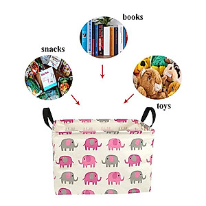 HUAYEE Elephant Print Rectangular Storage Bin Shelf Basket Canvas Fabric Toy Box,Waterproof Coating Nursery Hamper with Handles,Gift Basket for Home,Office,Clothes,Books(pink grey elephant)