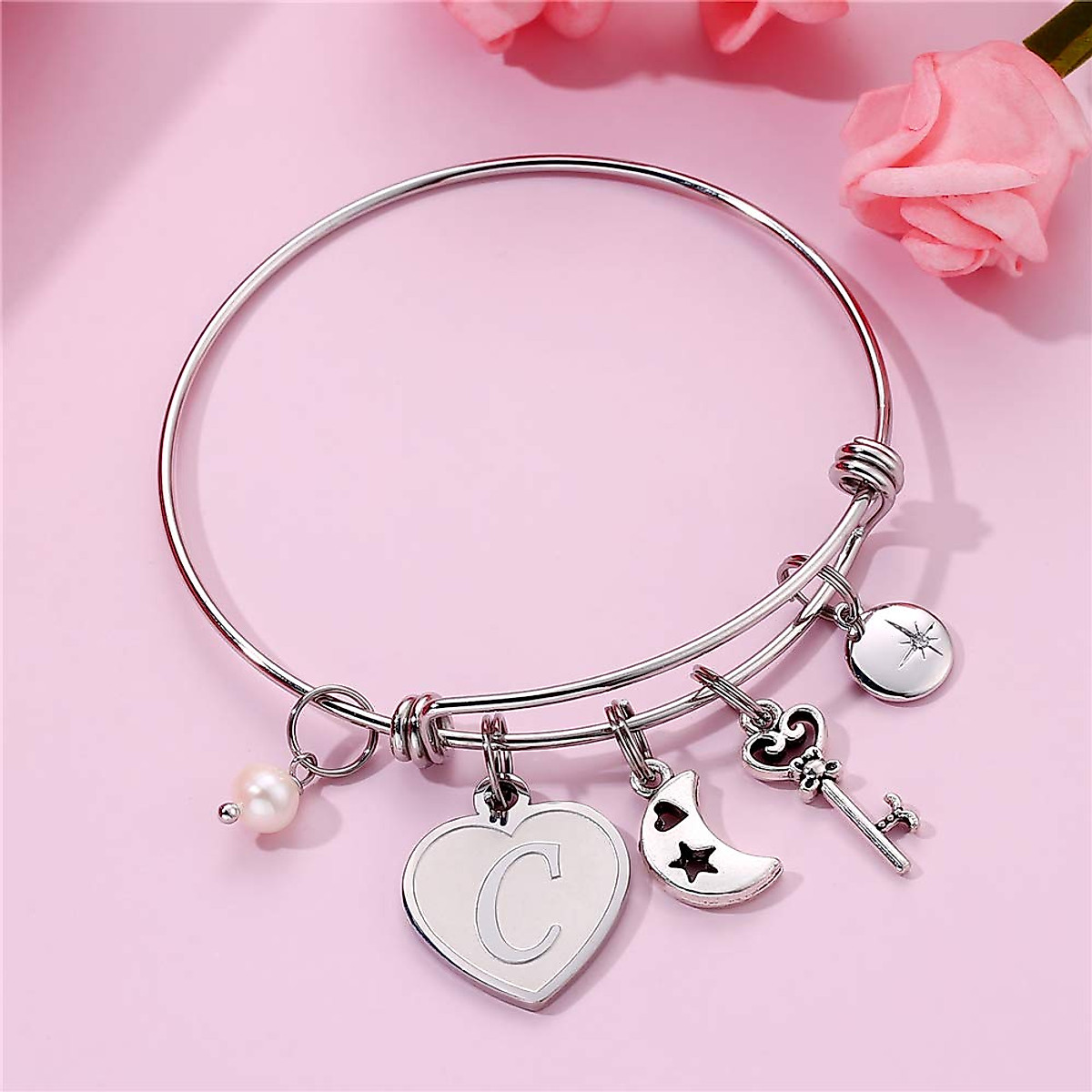 Initial Bangle Bracelets For Women - Heart Charm Engraved Letter C Initial Bracelet Stainless Steel Charms Expandable Wire Bracelets Birthday Jewelry Gifts for Women Teen Girls Girls Teenager