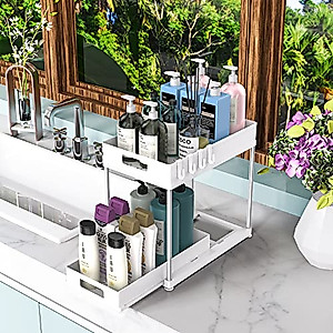 Under Sink Organizers and Storage, 2 Pack Pull-out Large Capacity Under Bathroom and Kitchen Cabinet Storage Drawer Organizer with Hooks, Multi-purpose Heavy Load Under Sink Shelf Organizer, White