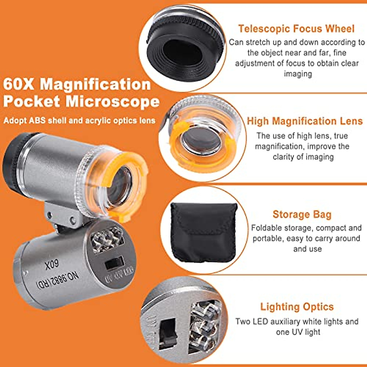 plplaaoo Digital Microscope,Pocket Microscope,Portable Microscope,UV Lighted Pocket Handheld Microscopes,Pocket Microscope 60X Magnification 2 LED Lights 1 UV Light for Jewelry Observation & Currency