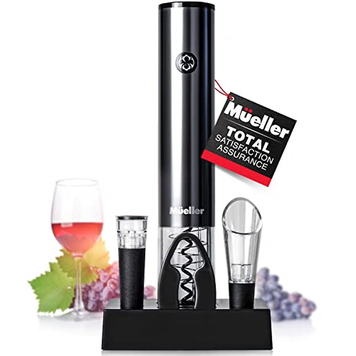 Mueller Electric Wine Opener Set - Rechargeable Batteries and USB Charging Cable - Electric Corkscrew Opener with Foil Cutter, Wine Pourer, Vacuum Stopper (Batteries Included), Valentines Day Gifts