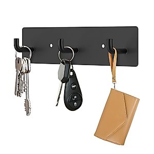 RELBRO Key Holder Wall Mount, Black Metal Key Hanger Self Adhesive Key Rail with 3 Key Hooks Key Rack Organizer 2 Options Installation for Entryway Hallway Kitchen RV Camper