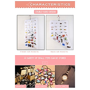 AARAINBOW Hanging Jewelry Organizer Dual-Sided Closet Accesoory Organizer with 80 Pockets Jewelry Hanger for Earrings, Necklaces, Rings on Closet, Wall, Door (White)