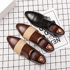 HuitJours Men Brown Double Monk Straps Slips on Dress Shoes Classic Loafers Two Tone Colors Buckle Shoes Zapatos de Vestir para Hombre