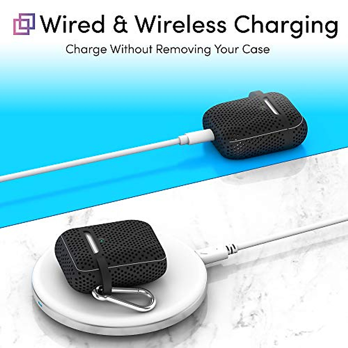 TALK WORKS AirPods Case Cover with Keychain - Protective Hard Silicone Skin for AirPods Keychain Case Clip Carabiner Wireless Charging Compatible with Apple Air Pod Carrying Case Series 1 & 2 - Black