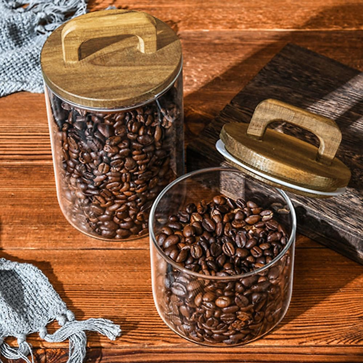 Glass Food Storage Containers, Clear Decorative Organizer Bottle Canister Pantry Jar with Air Tight Wooden Lid, Glass Jar With Lid for Coffee Bean Candy Cookie Noodles Nuts Spices etc, 27oz/800ml