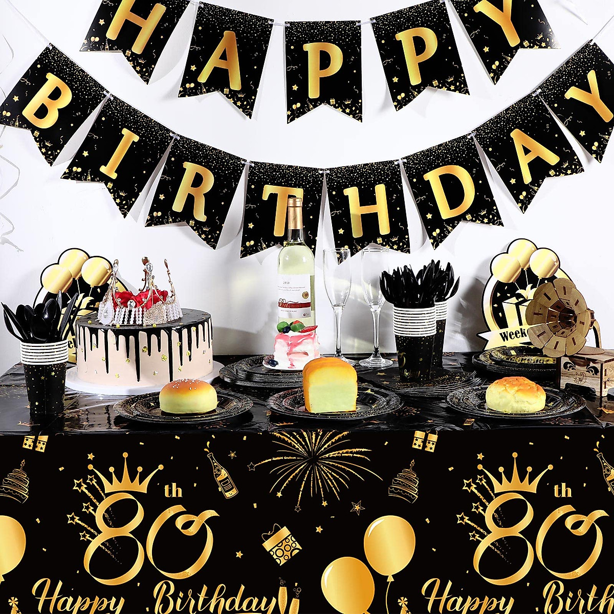 3 Pack 80th Birthday Decorations for Men 80th Birthday Tablecloth Disposable Plastic 80th Birthday Table Cover Rectangular Black and Gold Table Cloths for 80th Parties Decoration (80th)