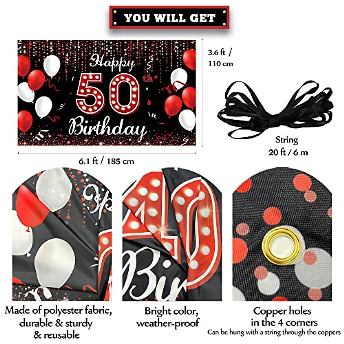50th Birthday Decoration Backdrop Banner, Happy 50th Birthday Decorations for Women, Red Black white 50 Years Old Birthday Party Photo Booth Props, 50 Birthday Sign for Outdoor Indoor, Fabric Vicycaty