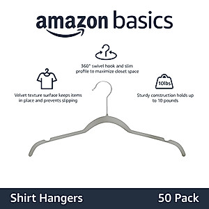 Amazon Basics Slim, Velvet, Non-Slip Shirt Clothes Hangers, Gray/Silver - Pack of 50
