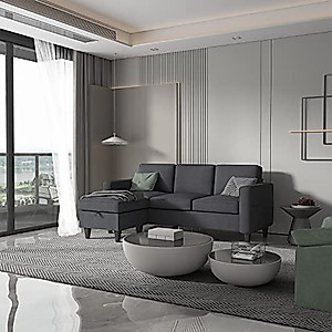 Dark Grey Convertible Sectional, Modern Linen Fabric Upholstered L-Shaped Couch with Armrest Pockets 3-Seat Sofa with Reversible Storage Ottoman for Living Room Small Space Apartment
