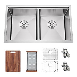 JoviPrime 32 Inch Undermount 50/50 Double Bowl Kitchen Sink Workstation 16 Guage Stainless Steel Undermount Rectangular Deep Kitchen Sinks with Integrated Ledge and Accessories 32" x 18" x 10"