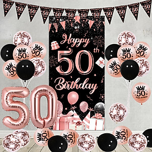 50th Birthday Decorations for Women Black and Rose Gold, Happy 50th Birthday Door Banner, Triangle Flag Garland, Number 50 Balloon, Fifty Year Old Birthday Party Supplies