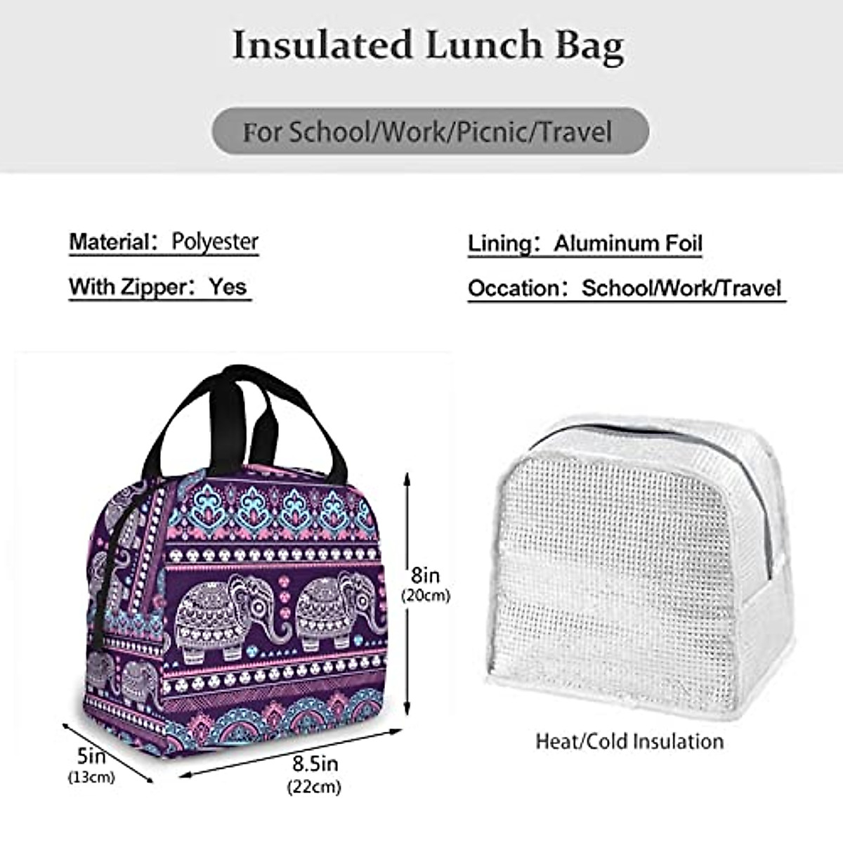 YouQu Tribal Ethnic Elephant Mandala Elephant Insulated Lunch Bag For Women, Men, Lunch Tote For Work