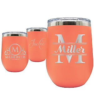 The Wedding Party Store Personalized 12 oz Insulated Stemless Wine Tumbler - Custom Engraved and Monogrammed (Coral)