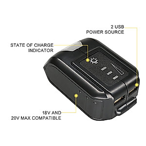EOHJAR USB Phone Charger Adapter for Dewalt 20v DCB090 Battery, 18v to 20v Max Adapter with LED Work Light and Dual USB Port