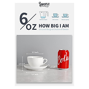 Sweese 6 Ounce Cappuccino Cups with Saucers, Porcelain Double Espresso Cups Set of 6 - White