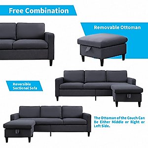 Mjkone 86" L-Shape Sectional Sofa Couch, Linen Convertible Sofa Chaise with Reversible Storage Ottoman, Large Modular Sofa with 2 Side Pockets for Living Room Apartment Studio - Dark Gray