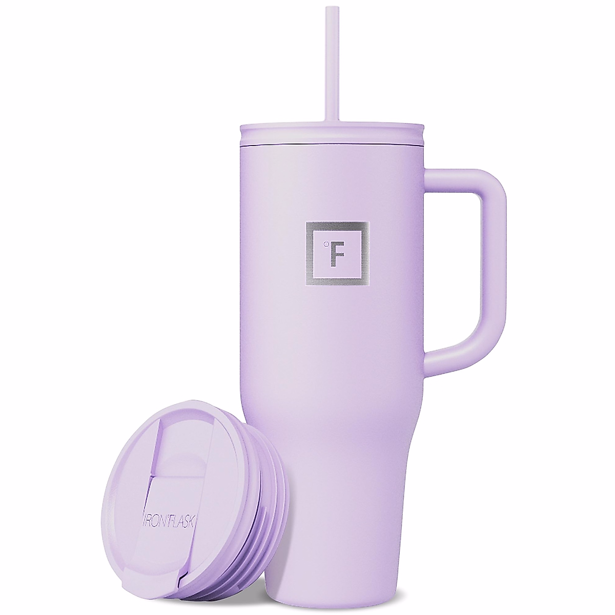 IRON °FLASK Co-Pilot Insulated Mug w/Straw & Flip Cap Lids - Cup Holder Bottle for Hot, Cold Drink - Leak-Proof- Water, Coffee Portable Travel Tumbler - Lavender, 40 Oz
